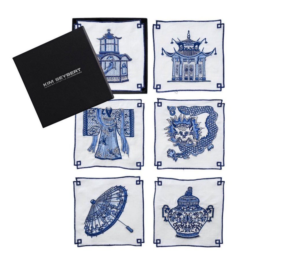 Indochine Cocktail Napkins in White & Blue in a Gift Box | Kim Seybert